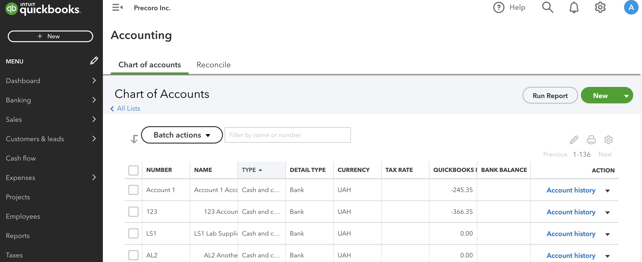 Chart of Accounts, Classes, Customers, Billable Fields, and Projects in QuickBooks